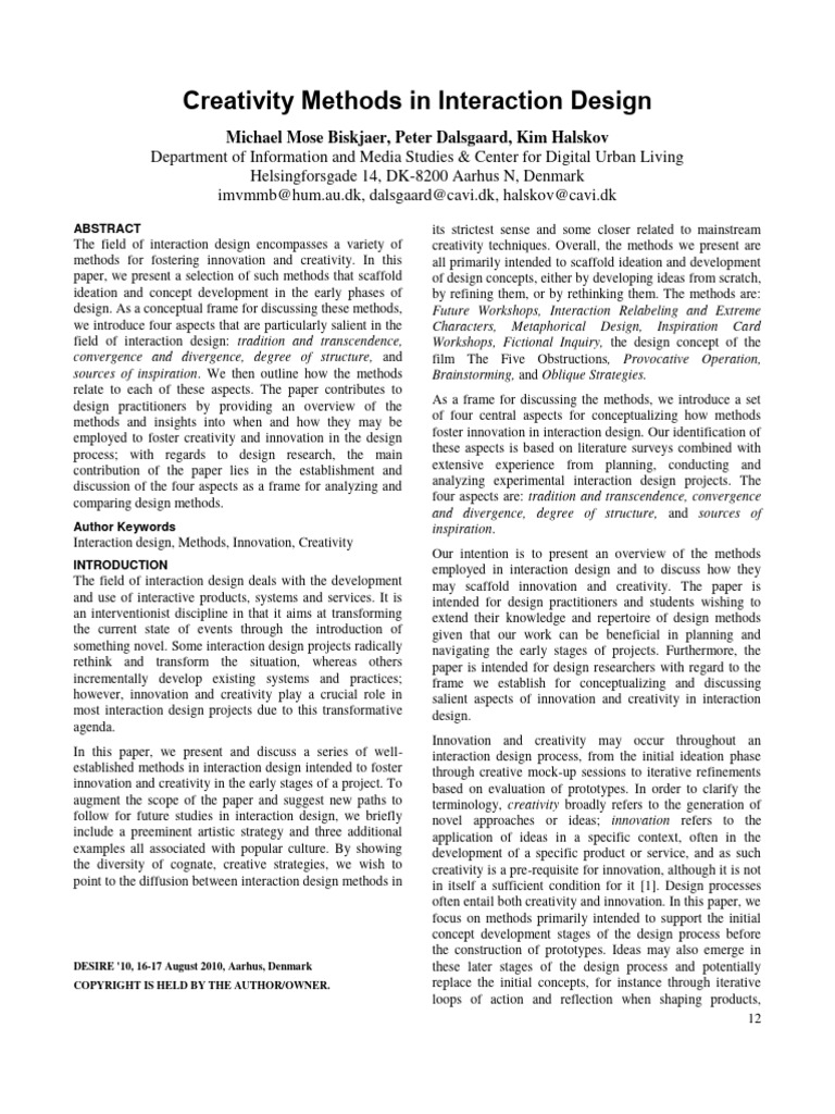 Creativity Methods in InteractionDesign Biskjaer 2010 | PDF