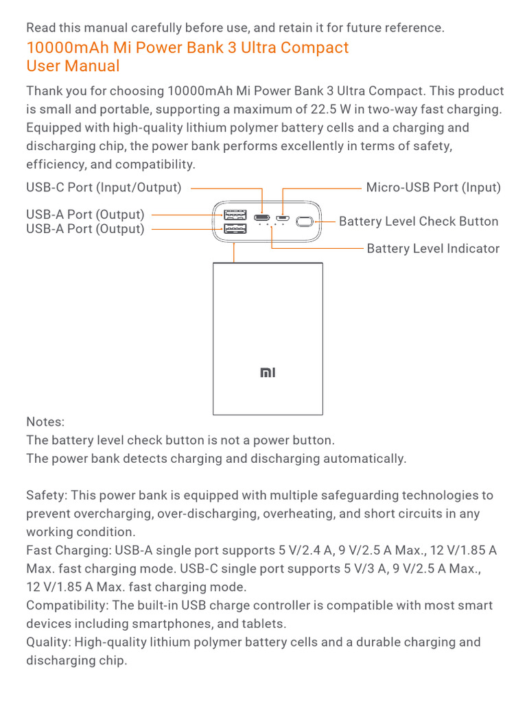 Mi Power Bank 3 Ultra Compact Manual | PDF | Battery Charger | Electronics