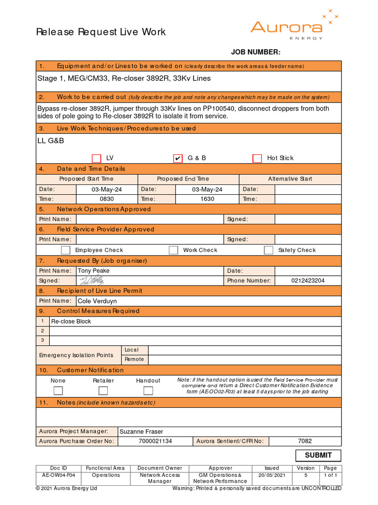 Live Work Release Request Form | PDF