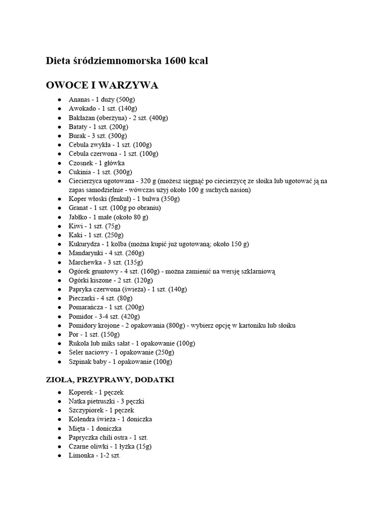 Dieta Śródziemnomorska 1600 Kcal PDF | PDF