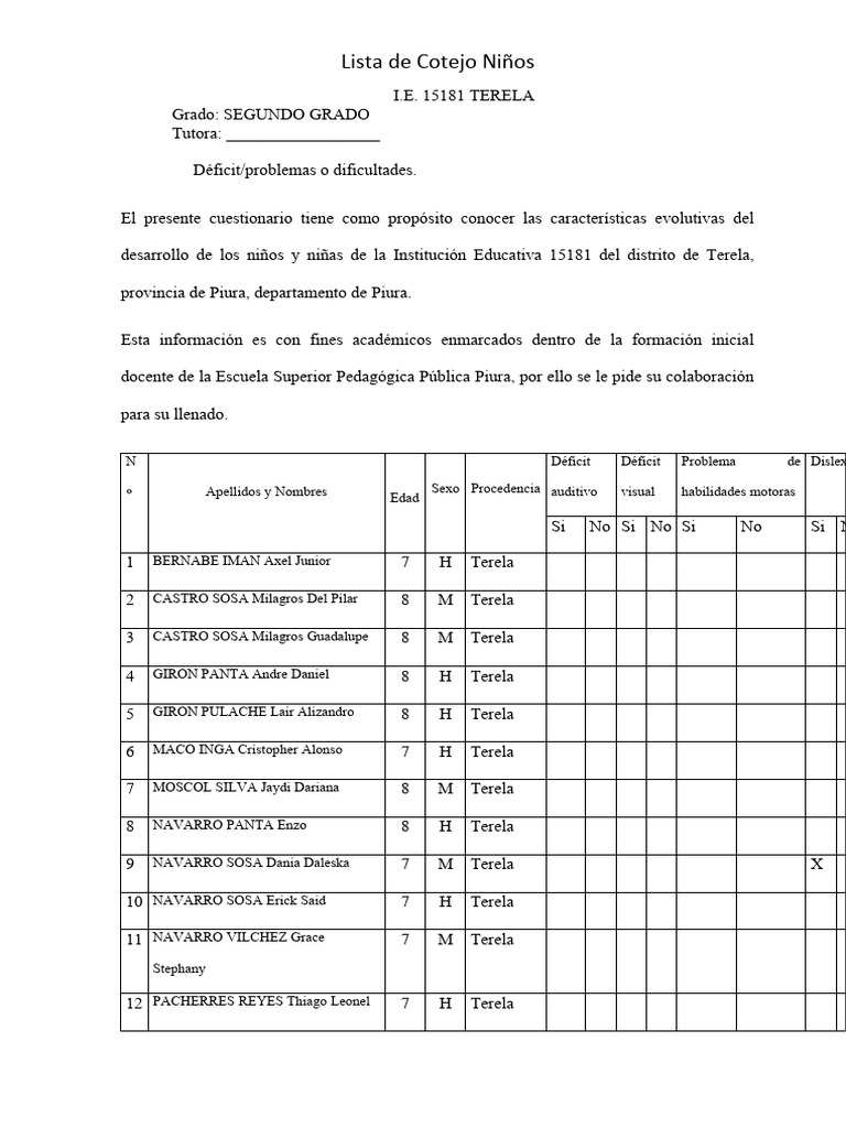 Cotejo de Déficits en Niños Terela | PDF