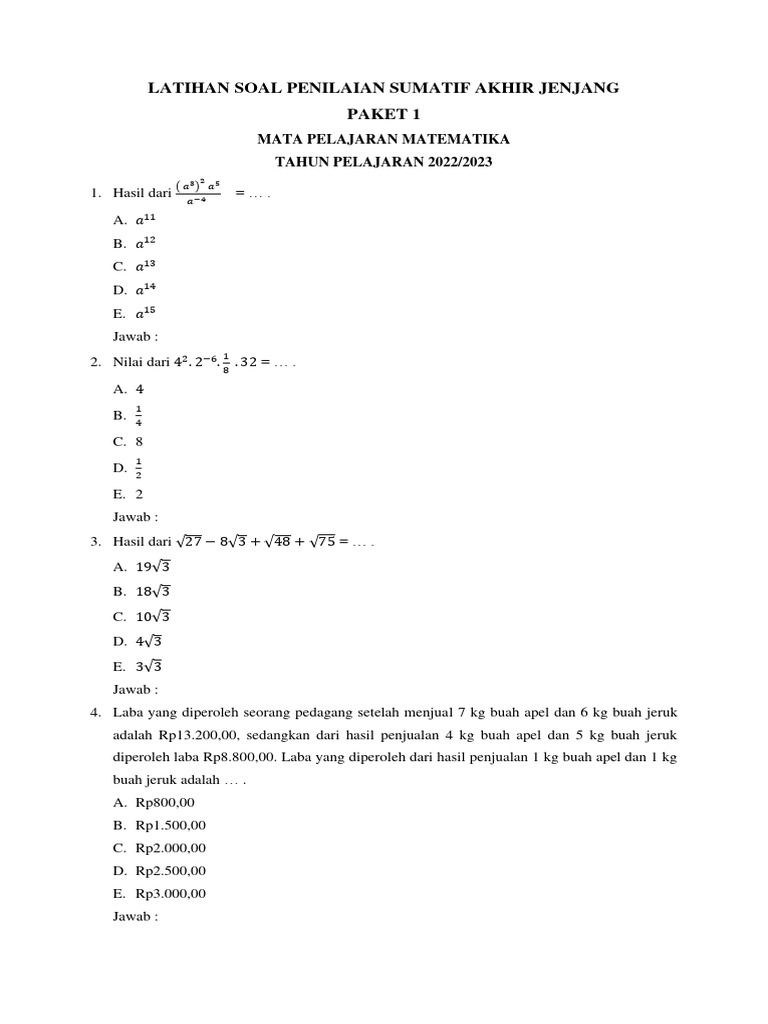 Latihan Soal Us Matematika 2023 Paket 1 | PDF