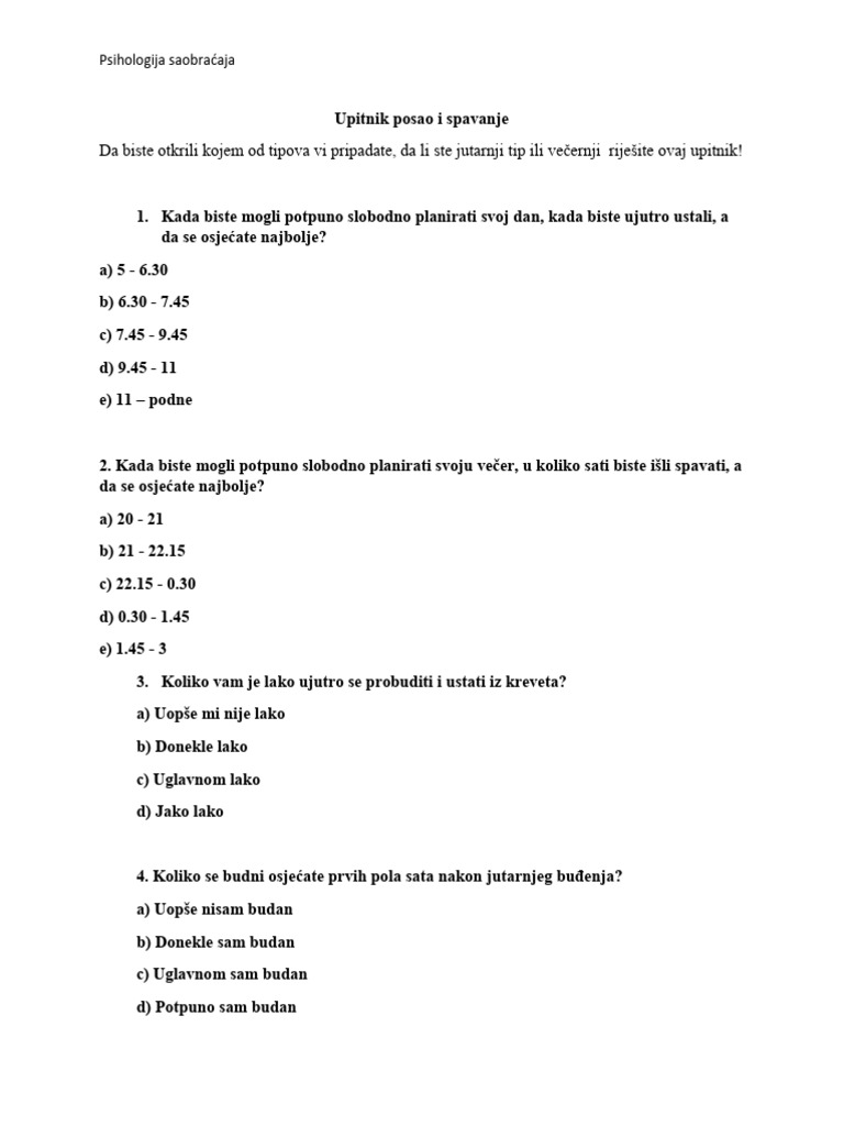 Upitnik Posao I Spavanje | PDF