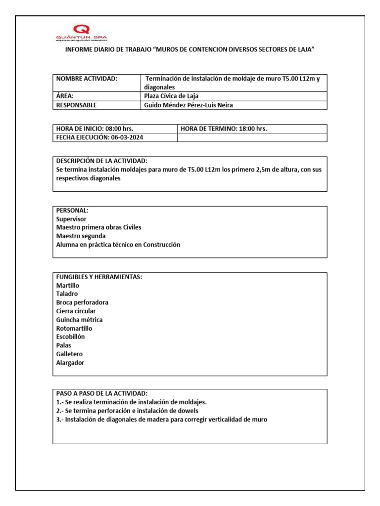 Informe Diario Muros de Contencion 06-03-2024 | PDF Informe Diario Muros de Contencion 06-03-2024 | PDF