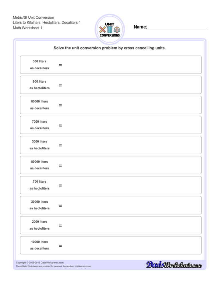 Metric Unit Conversions Liters To Kiloliters Hectoliters Decaliters 1 ...