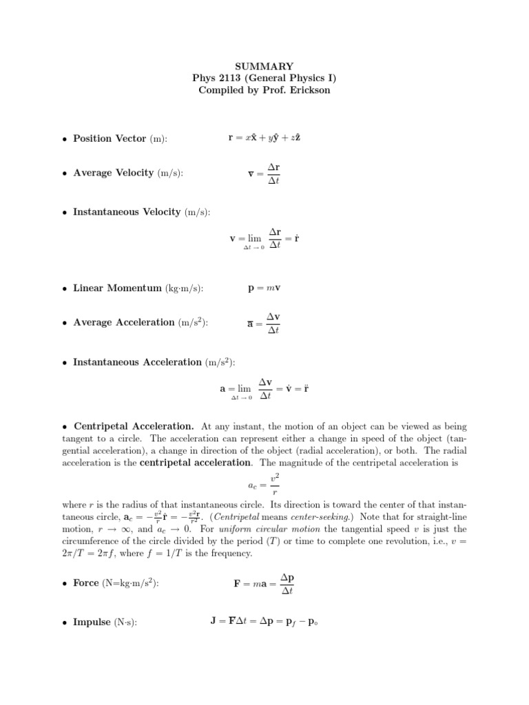Summary GenPhys I | PDF | Torque | Acceleration