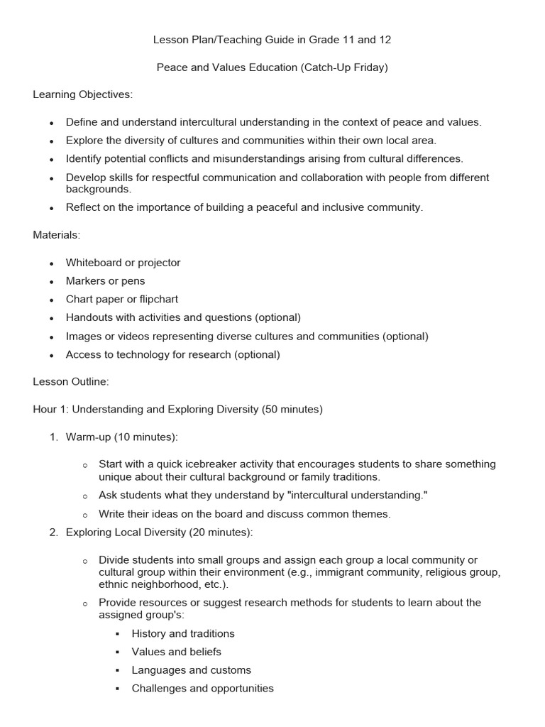 Lesson Plan-Peace and Values 2 | PDF | Community | Cross Cultural ...