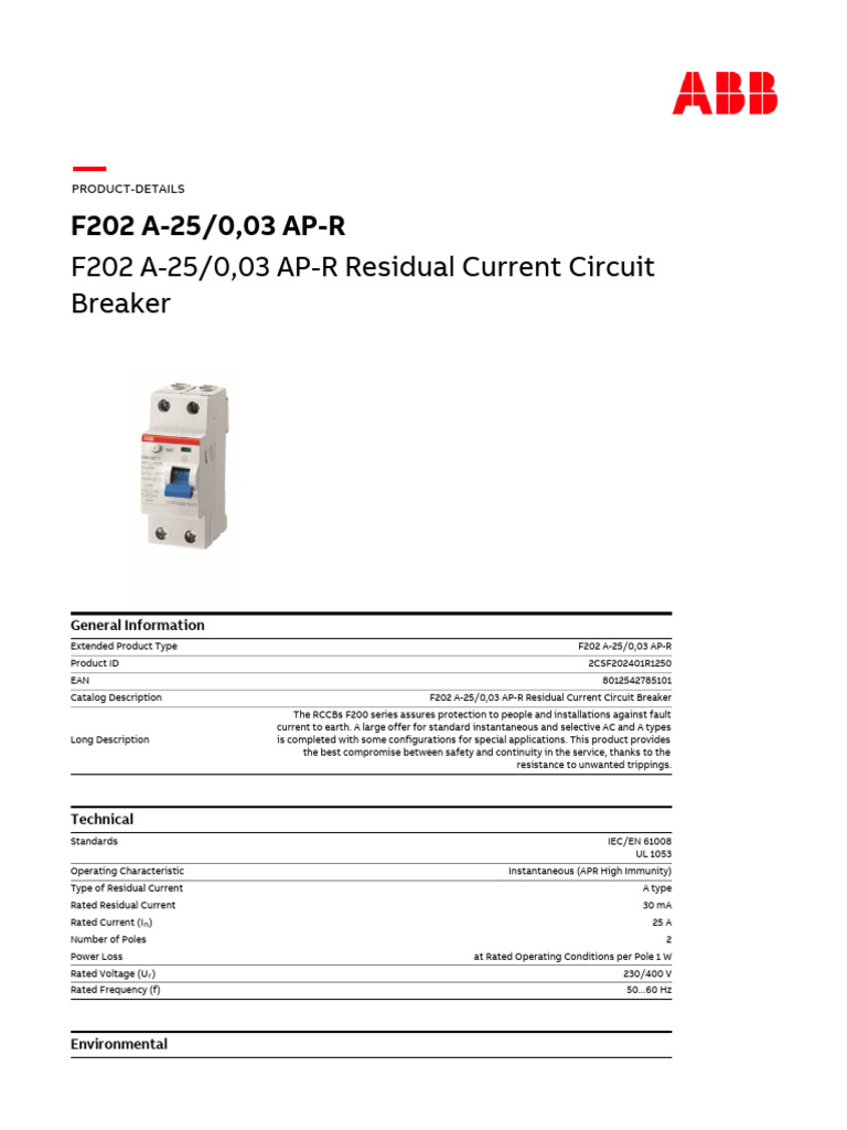 F202 A-25/0,03 AP-R Residual Current Circuit Breaker | PDF | Electrical Equipment | Power (Physics)