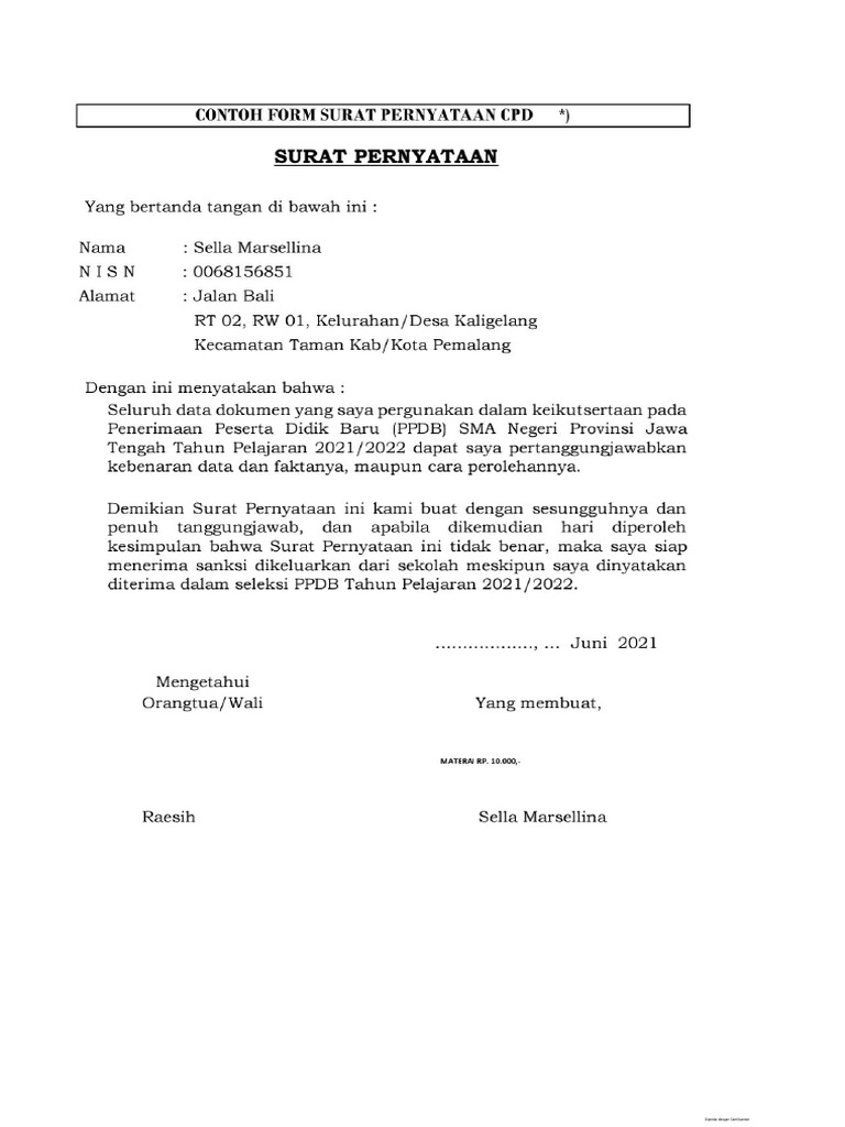 Contoh Surat Pernyataan PPDB 2021 - 1 | PDF