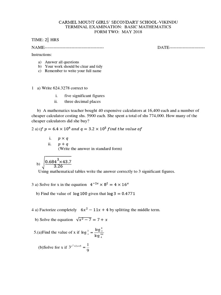 Maths-Form-2 June | PDF | Logarithm | Mathematics