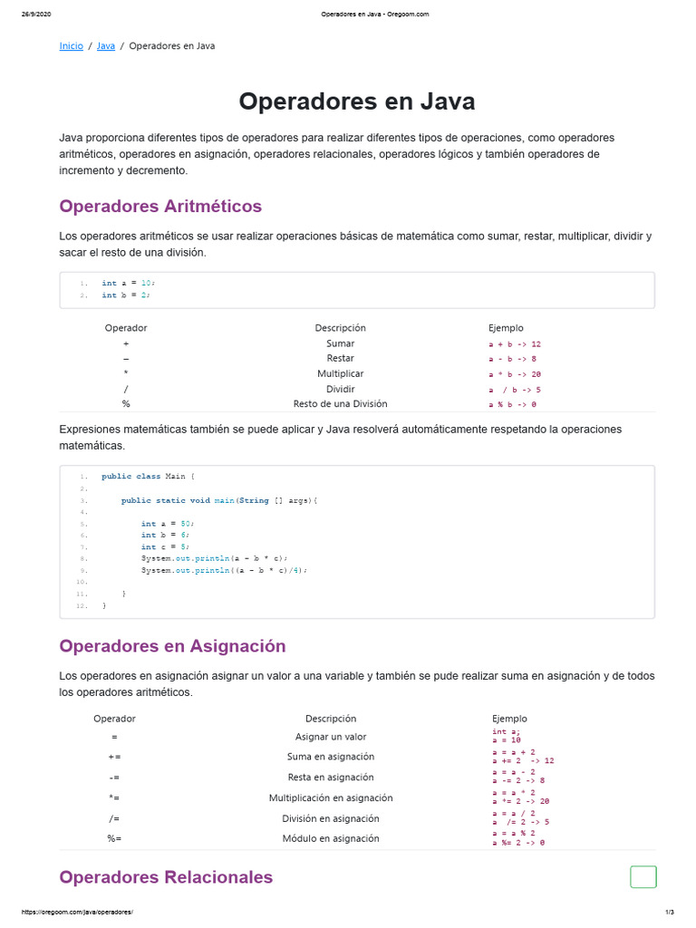 Operadores en Java | PDF | Java (lenguaje de programación) | Álgebra de Boole