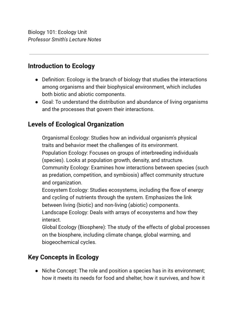 Biology 101 Ecology Class Notes March 20, 2024 | PDF | Ecology | Ecosystem