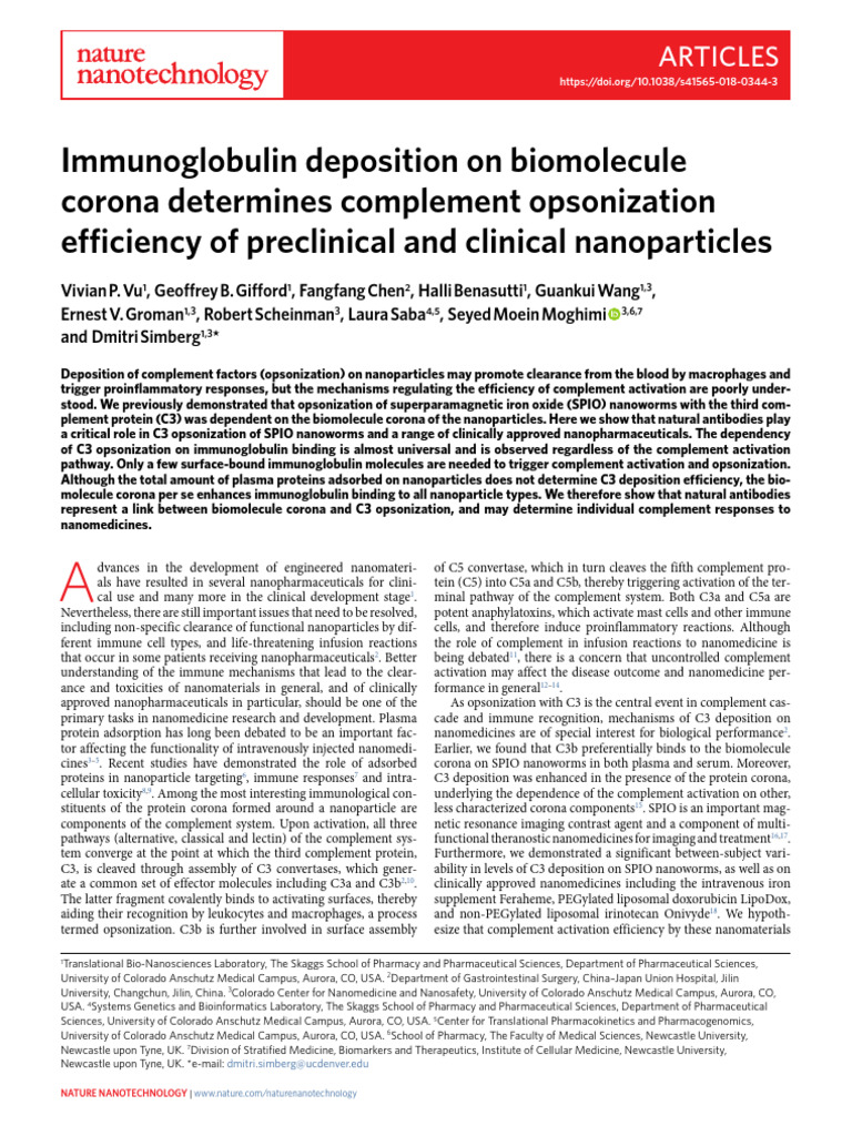 Immunoglobulin Deposition On Biomolecule Corona Determines Complement Opsonization Efficiency of ...