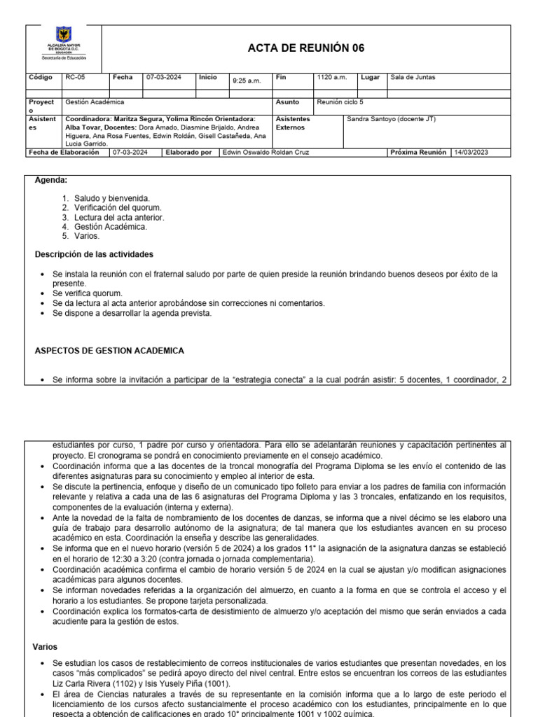 Acta #06-2024-Reunión Ciclo V Marzo7 | PDF