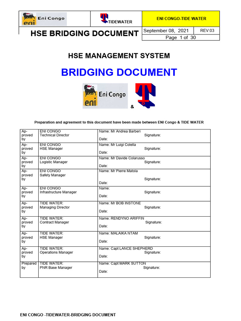 2021-10-19-ENI CONGO - TIDEWATER Bridging Document | PDF | Safety | Occupational Safety And Health