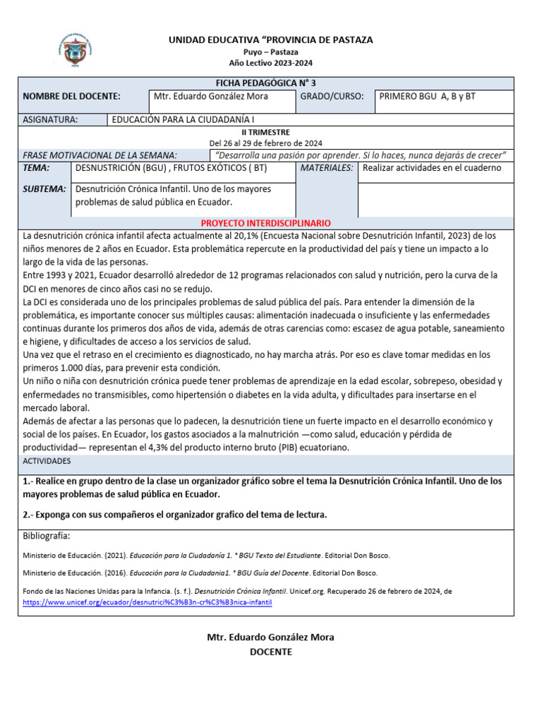FICHA 3 CIUD 1ro BGU A, B, BT DESNUTRICIÓN | PDF | Desnutrición