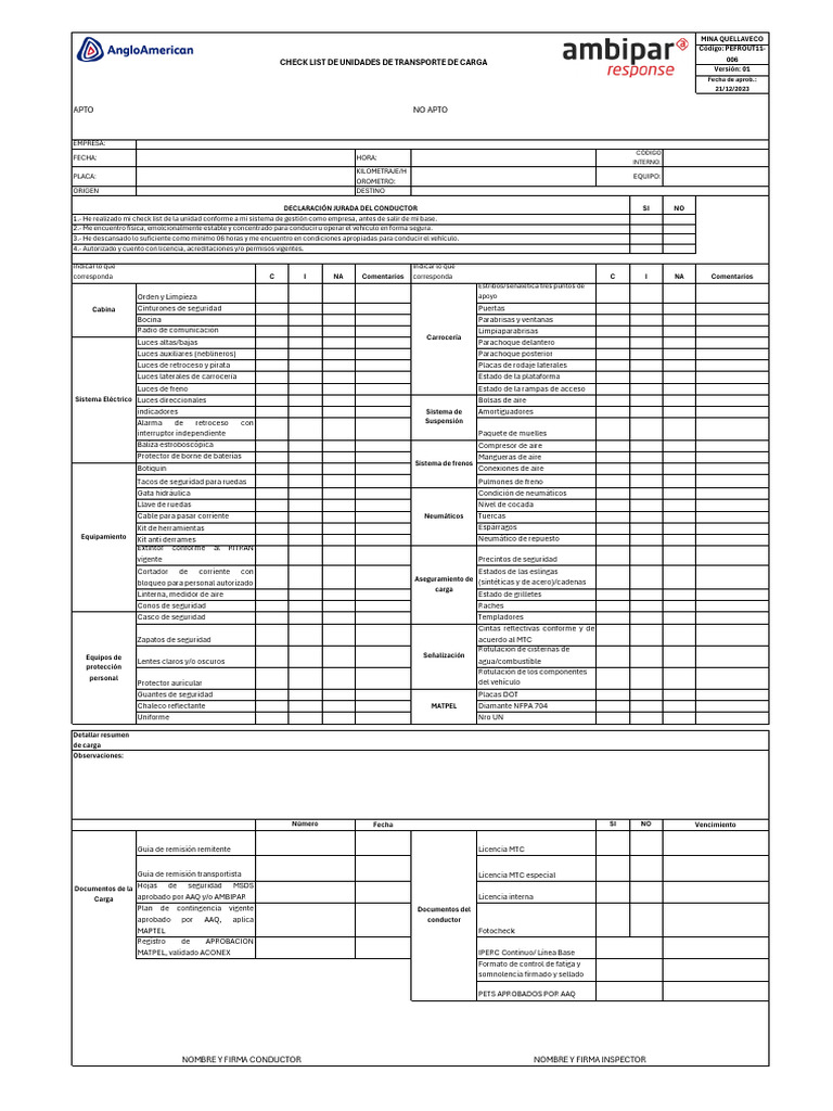 Checklist para Unidades de Transporte de Carga 2024 | PDF | Vehículos ...