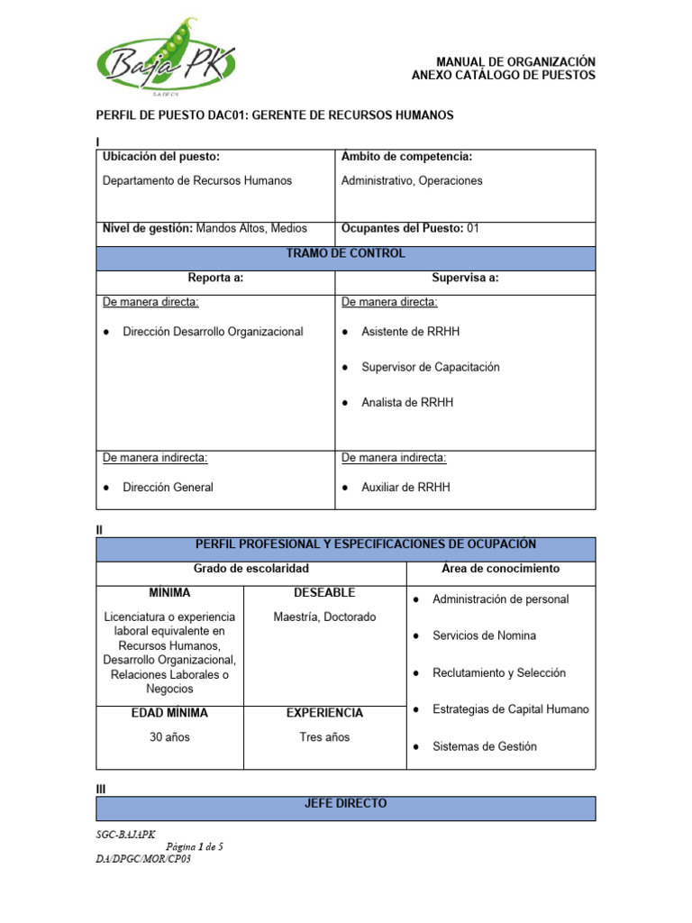 Perfil de Puesto RRHH | PDF | Gestión de recursos humanos | Business