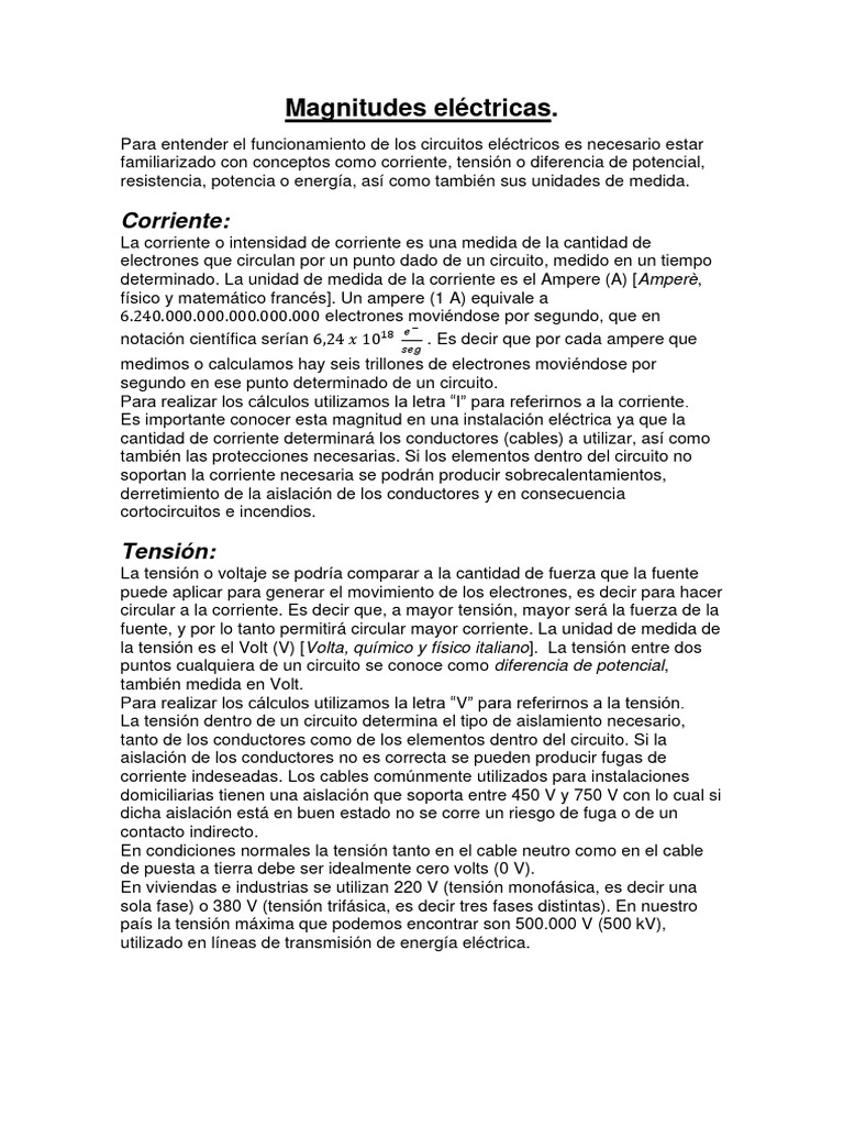 Magnitudes El-Ctricas. Ley de Ohm. Ley de Kirchhoff. Otros-1 | PDF | voltaje | Corriente eléctrica