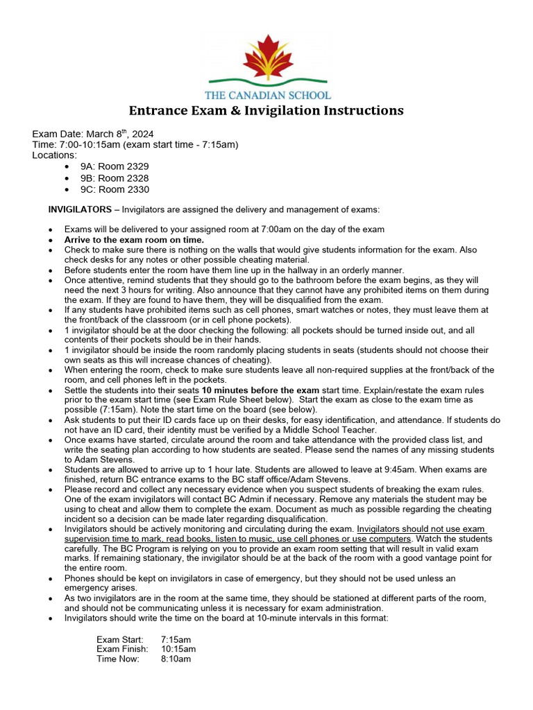 Entrance Exam Invigilation Guidelines | PDF