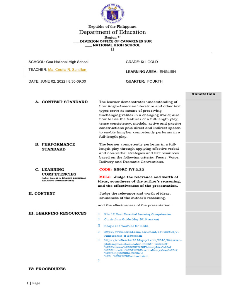 Annotated Lesson Plan - Objective 2 Principles of Teaching Sample | PDF ...