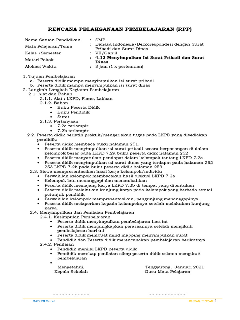 RPP Bindo 7 Bab 7 Surat, Pertemuan 2 | PDF