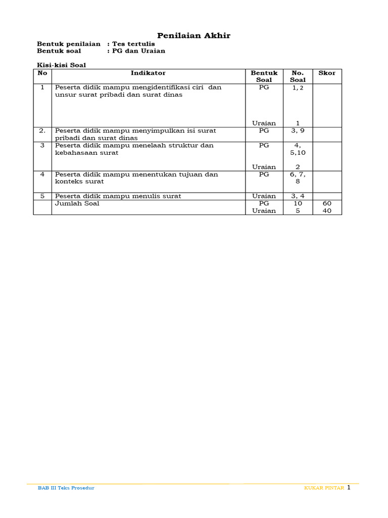 Bindo 7 Bab 7 Surat, Penilaian | PDF