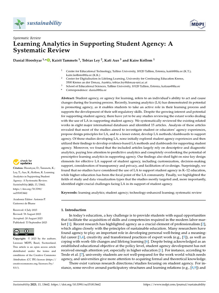 Learning Analytics in Supporting Student Agency - A Systematic Review ...