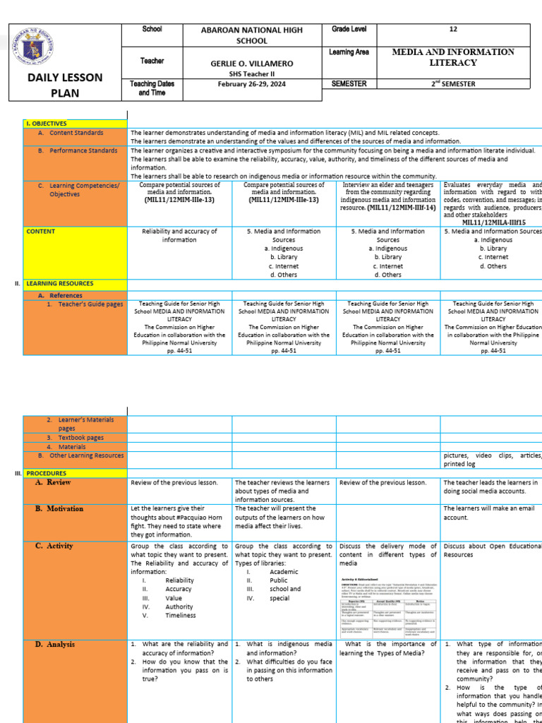 Daily Lesson Plan: Abaroan National High School Gerlie O. Villamero ...