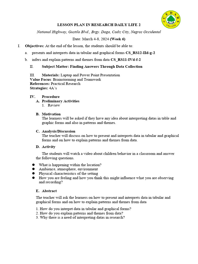 Research 2 Week 6 | PDF | Data | Lesson Plan