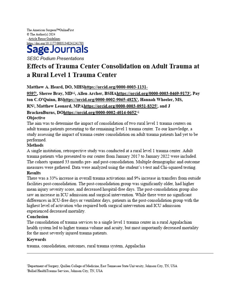 The American Surgeon - Trauma Study | PDF | Major Trauma | Intensive ...