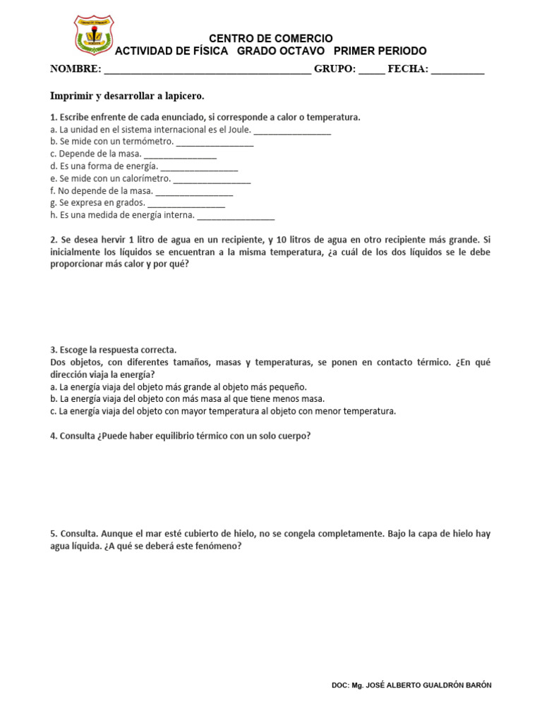 Actividad de Física: Calor y Temperatura | PDF