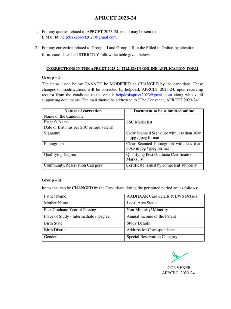 APRCET 2023-24 Application Corrections Guide | PDF