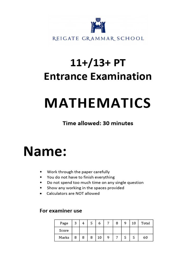 11+ 13+ PT Maths Entrance Exam 2021 | PDF | Area | Mathematics