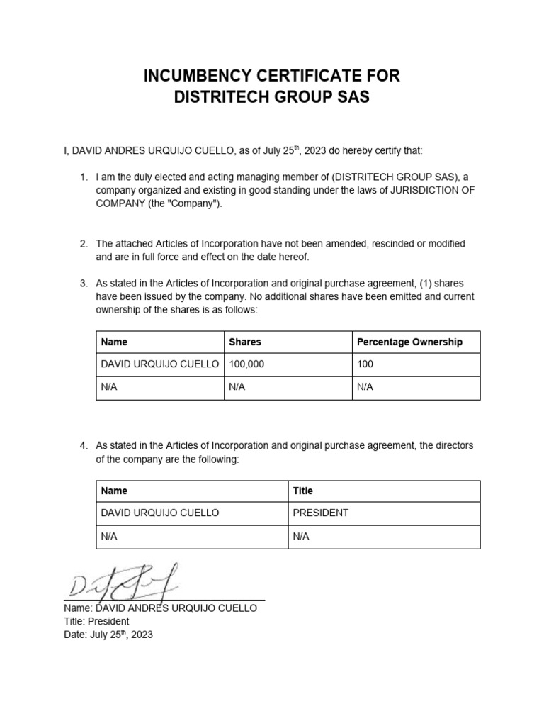 Certificate of Incumbency for Distritech | PDF
