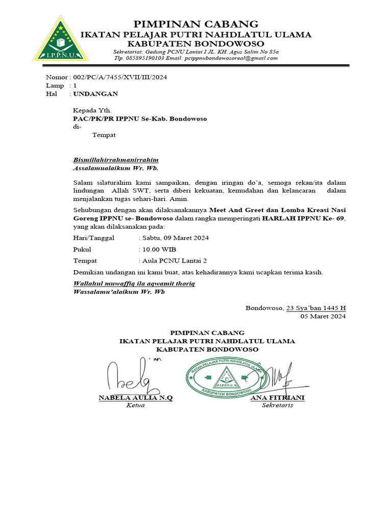 Meet & Greet dan Lomba Nasi Goreng IPPNU Bondowoso | PDF