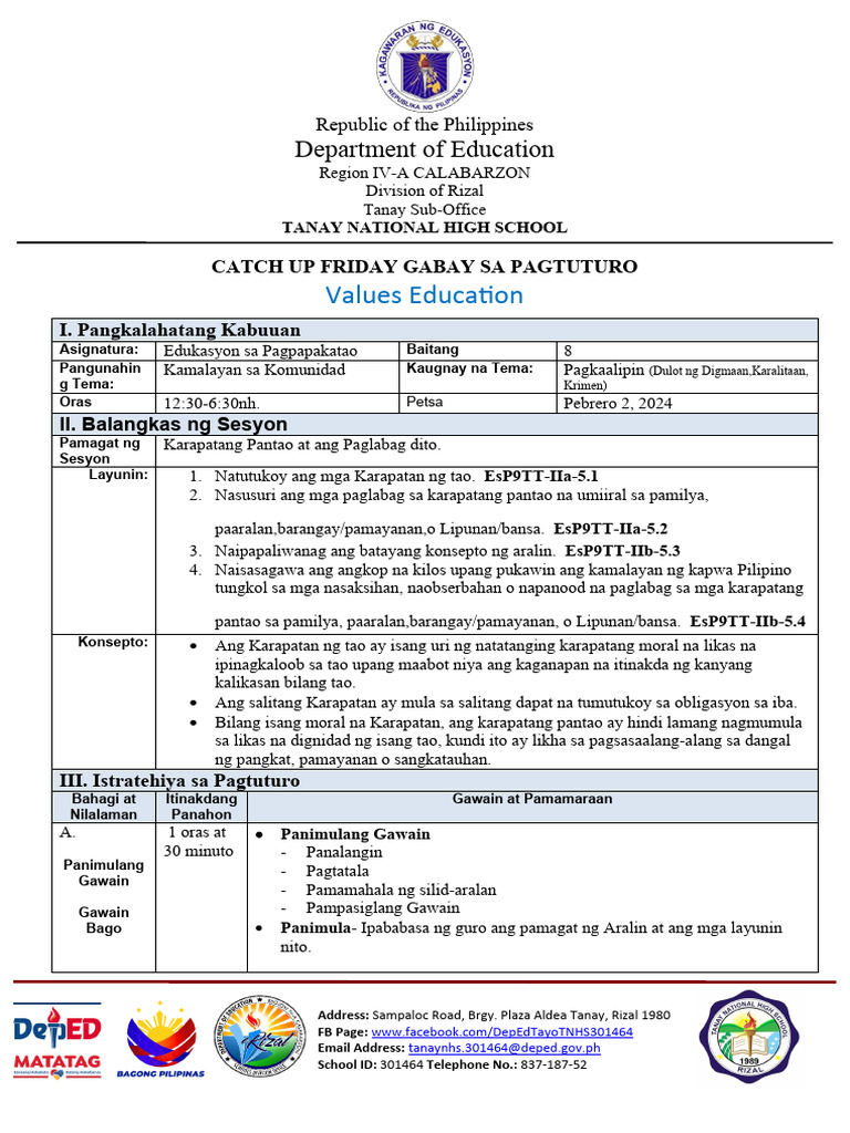 CATCH-UP-FRIDAYS-TG-Values-Ed-Baitang-8-Q3-ARALIN 1 | PDF