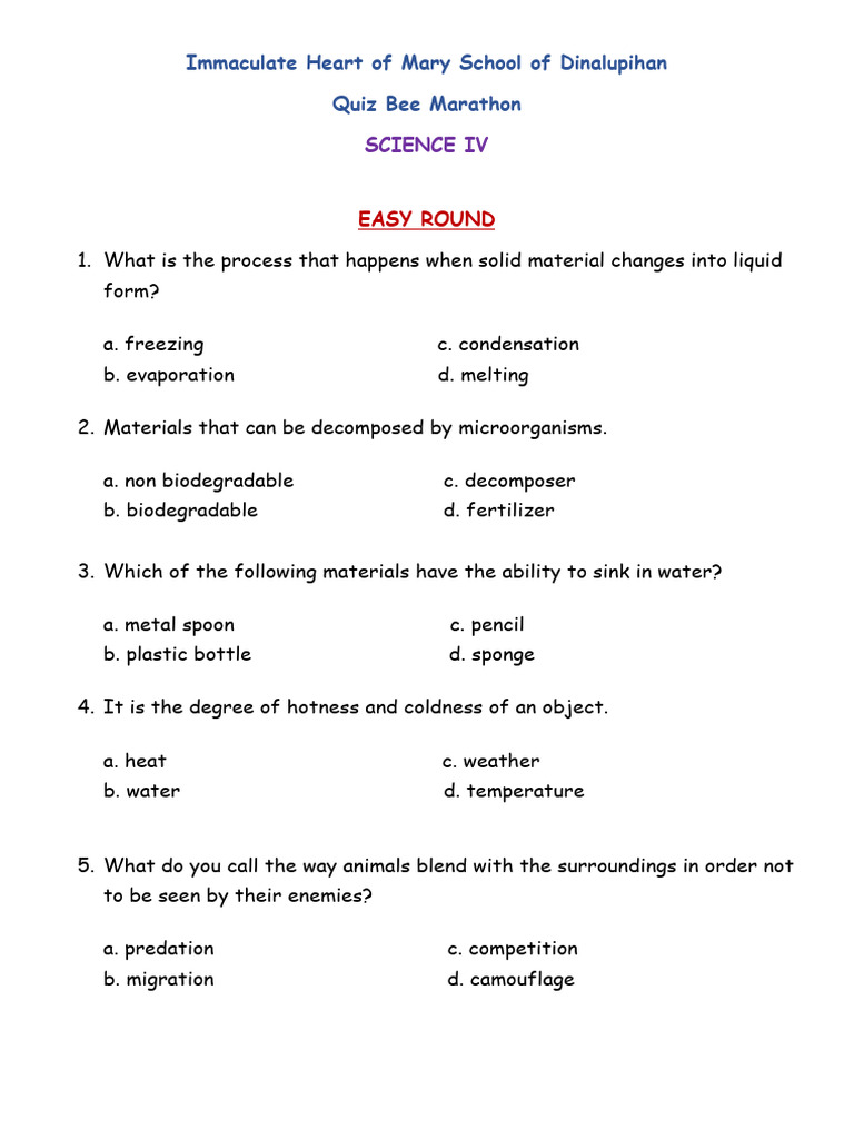 Science Quiz Bee Questions for Grades 4-6 | PDF | Biodegradation | Skin