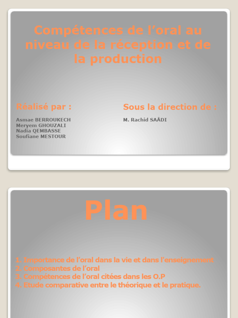 Compétences de L'oral Au Niveau de La Réception Et de La Production Final | PDF | la ...