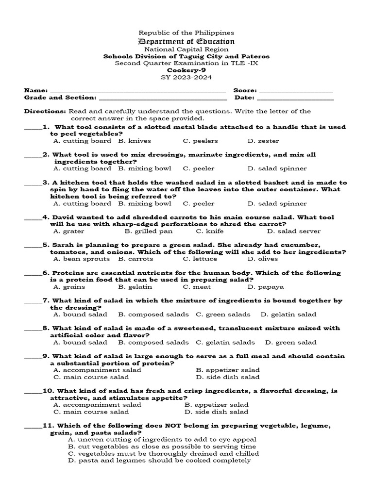 Grade 9 Cookery 2nd Quarter Exam 2023 2024 | PDF | Salad | Mayonnaise