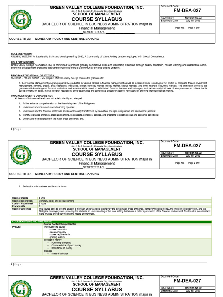 Monetary Policy Central Banking Syllabus Pdf Money Currency