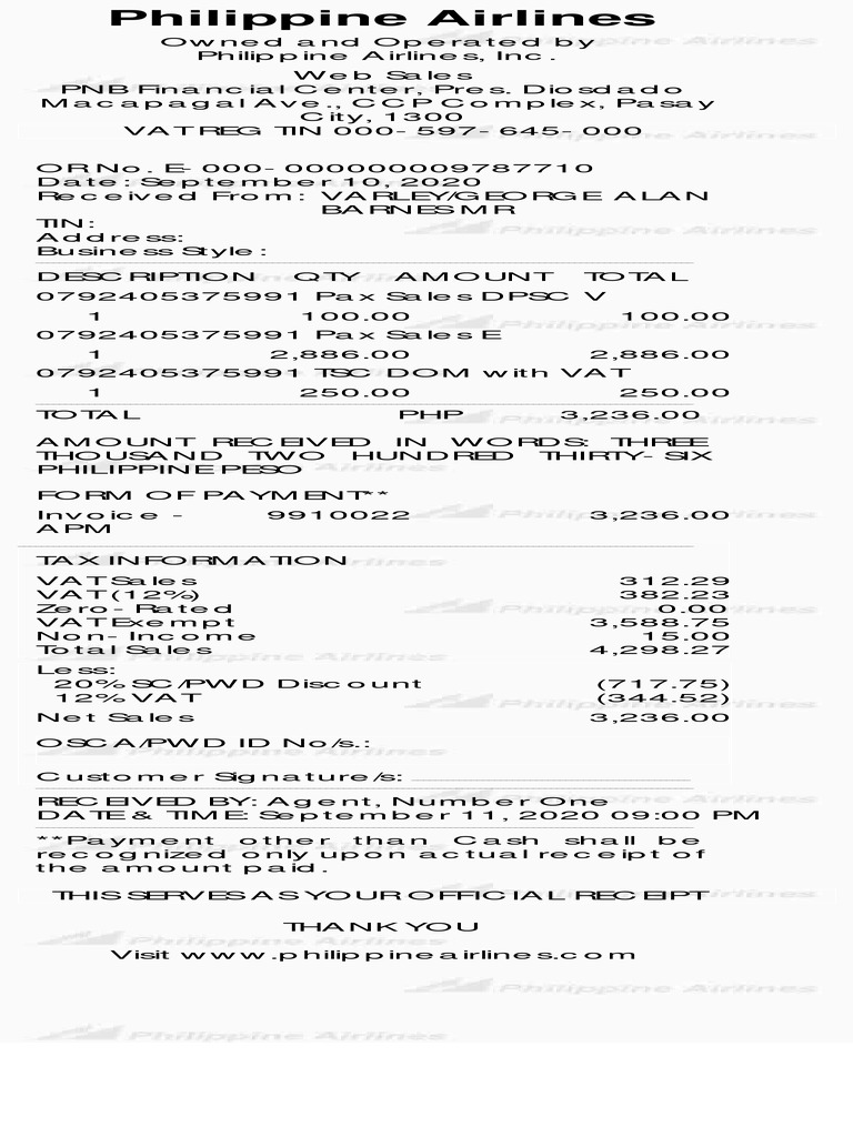 Philippine Airlines Official Receipt | PDF | Receipt | Value Added Tax