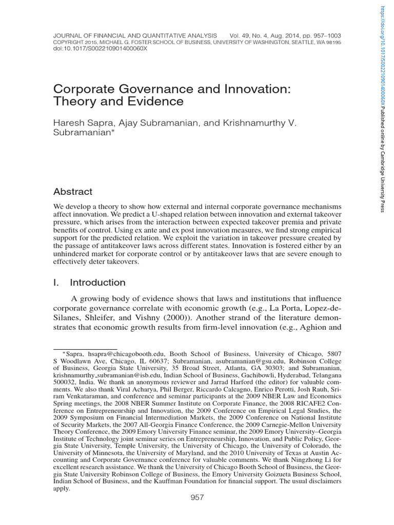 Corporate Governance and Innovation Theory and Evidence | Download Free ...