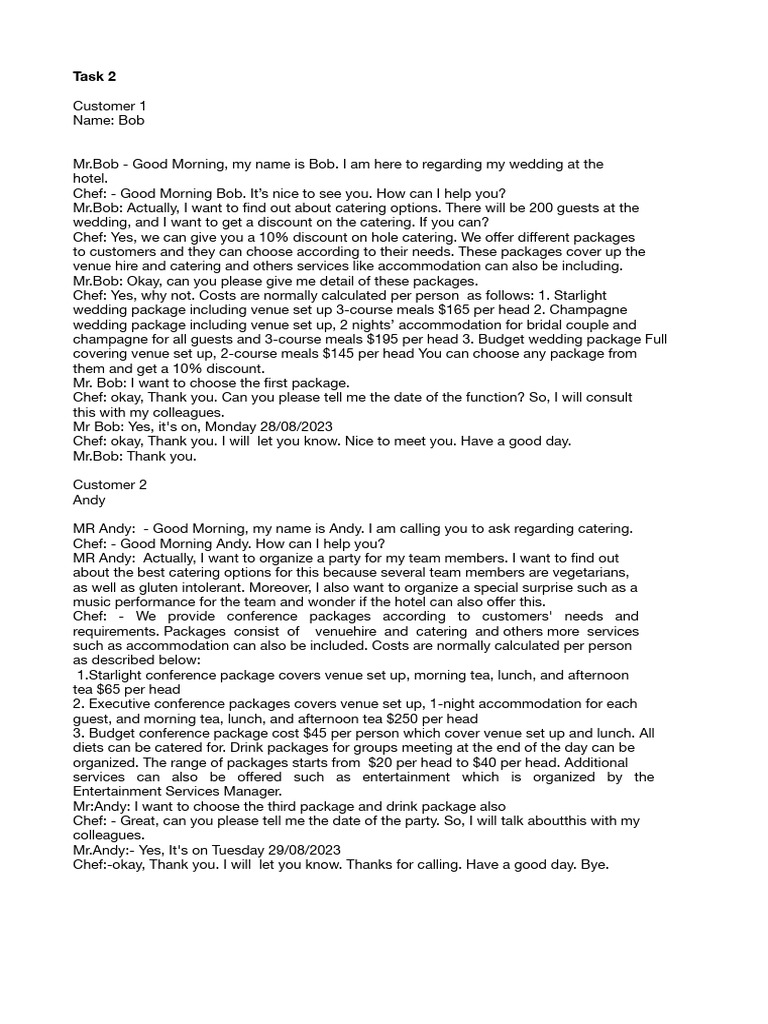 Task 2 Roleplay | PDF | Restaurants | Meal