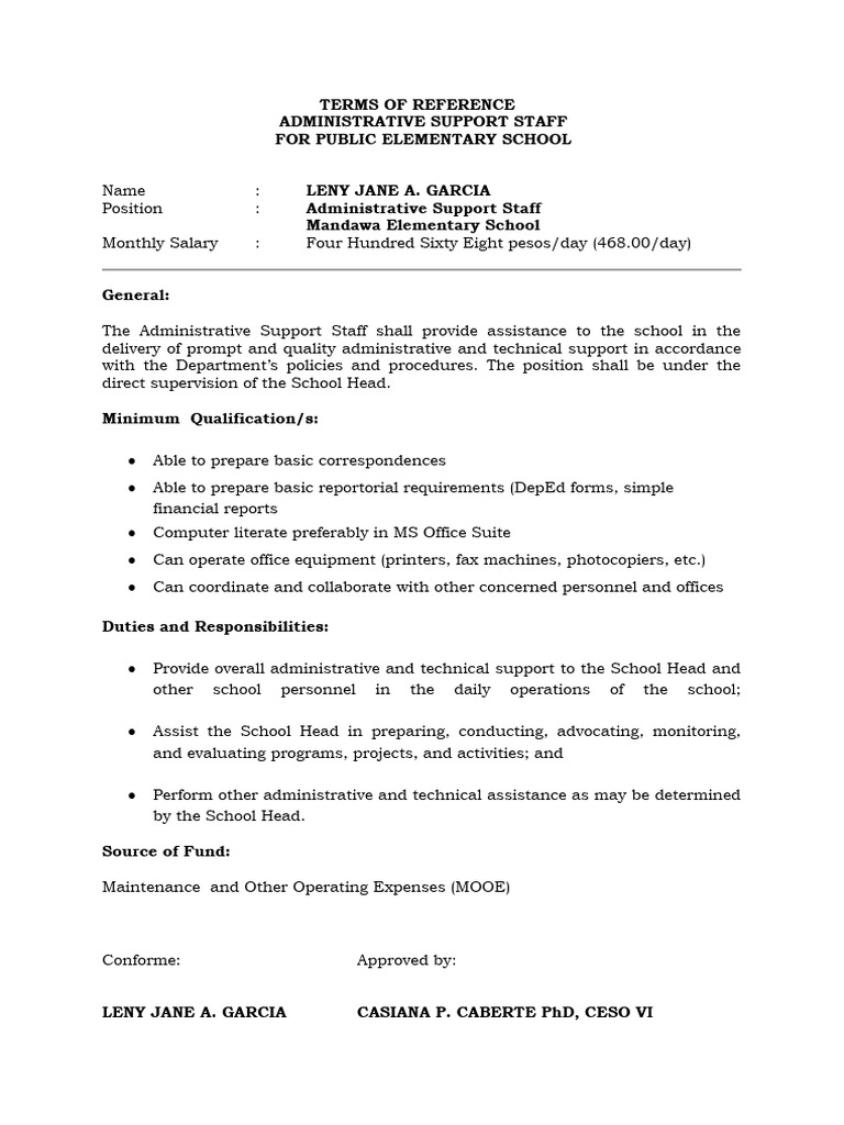 2 Sample TOR Admin Support Staff in Schools Under COS | PDF