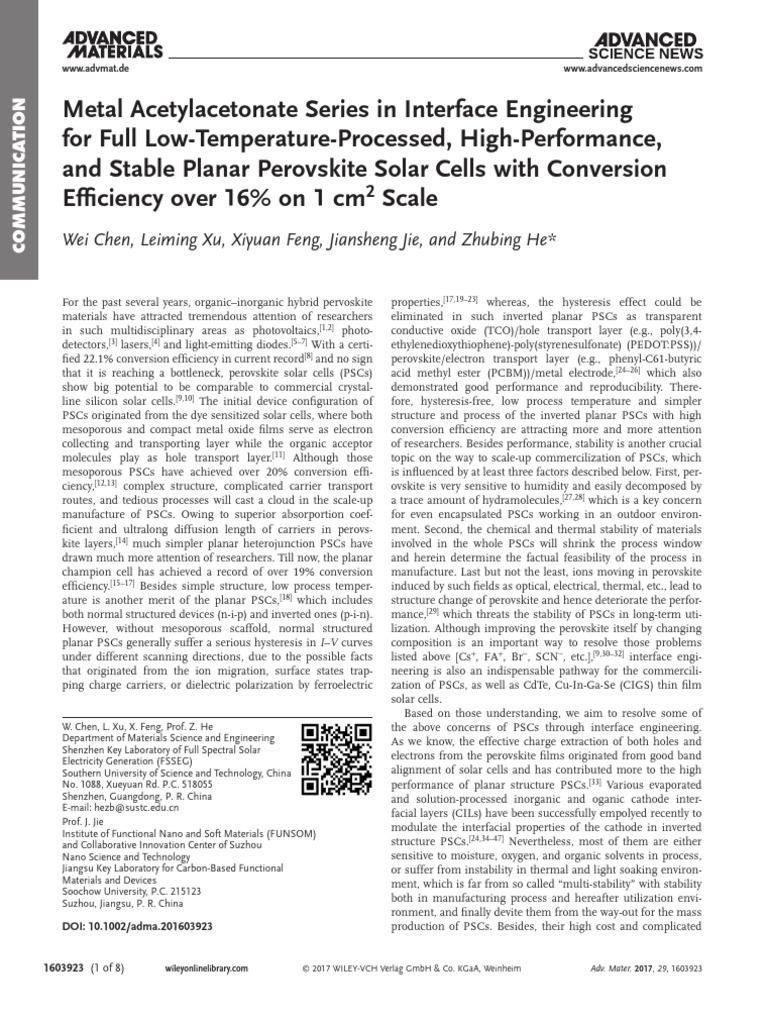 Metal Acetylacetonate Series in Interface Engineering For Full Low ...