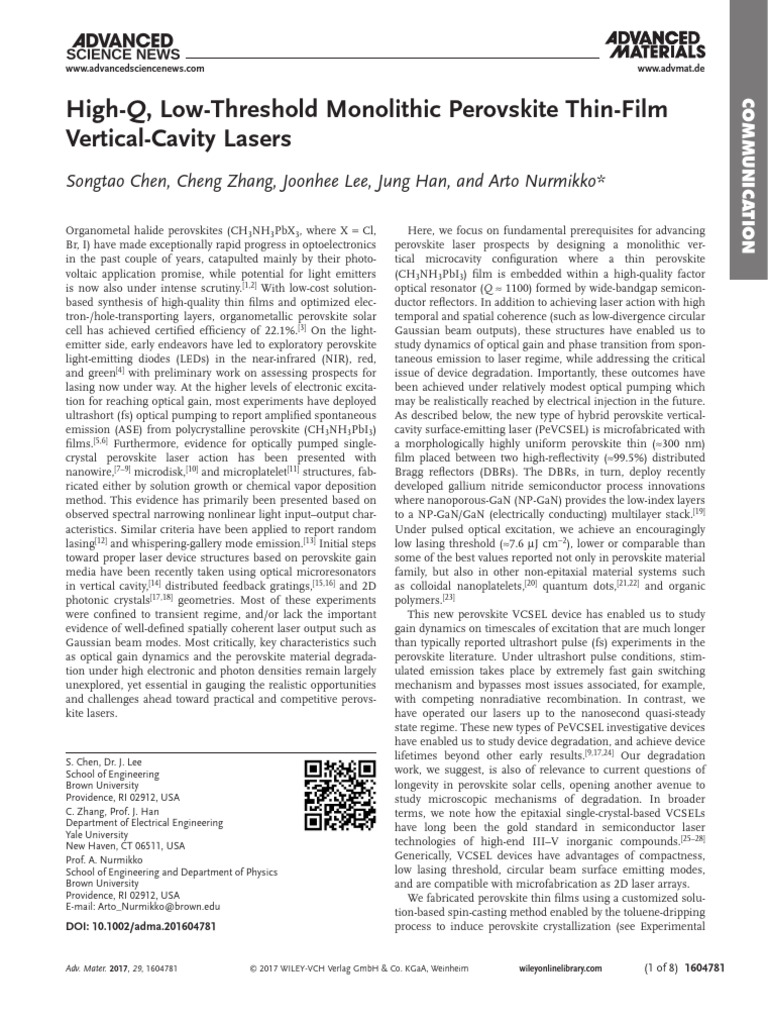 High-Q, Low-Threshold Monolithic Perovskite Thin-Film Vertical-Cavity Lasers | PDF | Laser ...