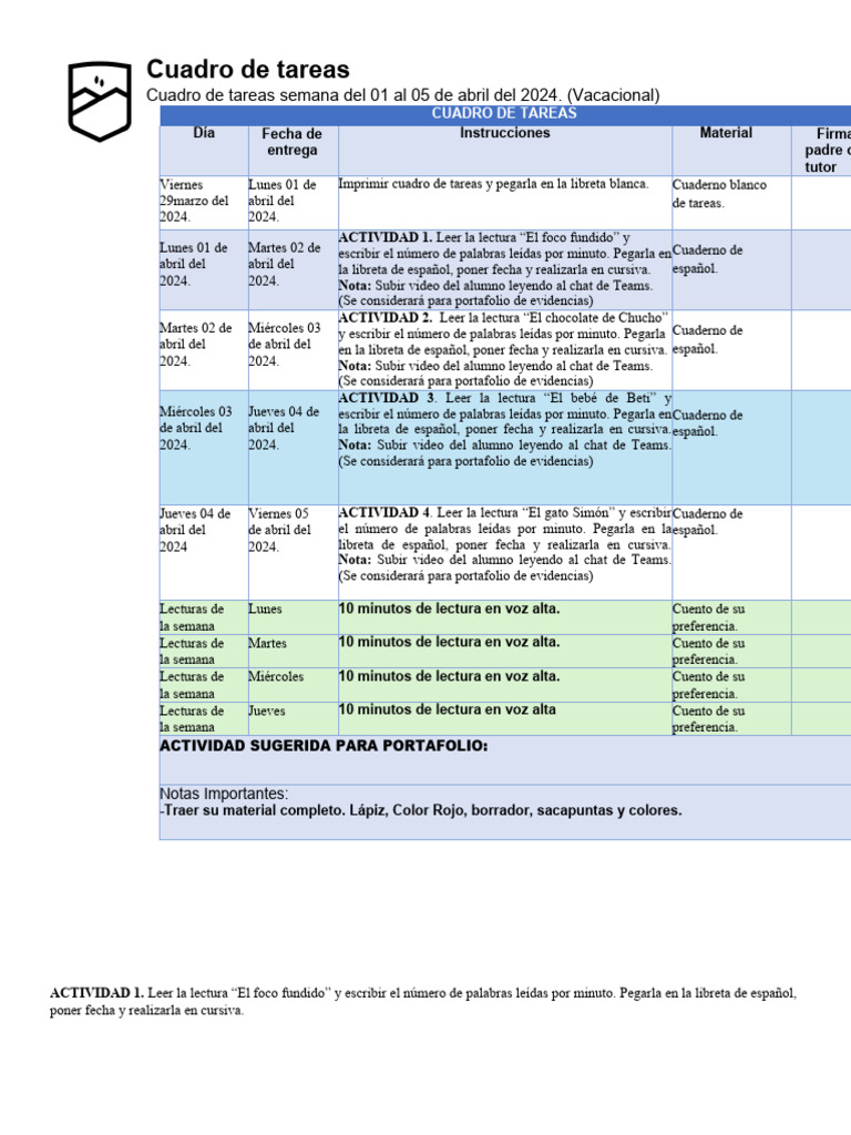 Cuadro de Tareas 01 Al 05 Abril 2024. (Vacacional) | PDF