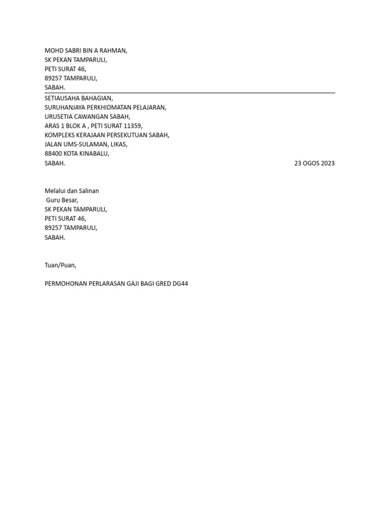 Surat Permohonan Perlarasan Gaji Master | PDF