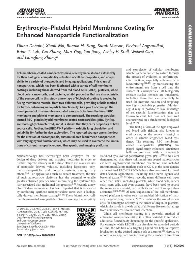 Erythrocyte-Platelet Hybrid Membrane Coating For Enhanced Nanoparticle Functionalization | PDF ...
